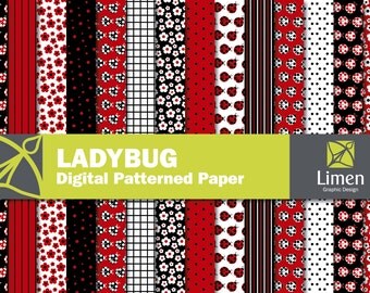 Ladybug Digital Paper Red & Black Chevron Gingham Ladybug