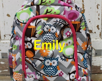 Grey and Pink Chevron Owl Backpack Fullsize Bag Monogram Personalize or ...