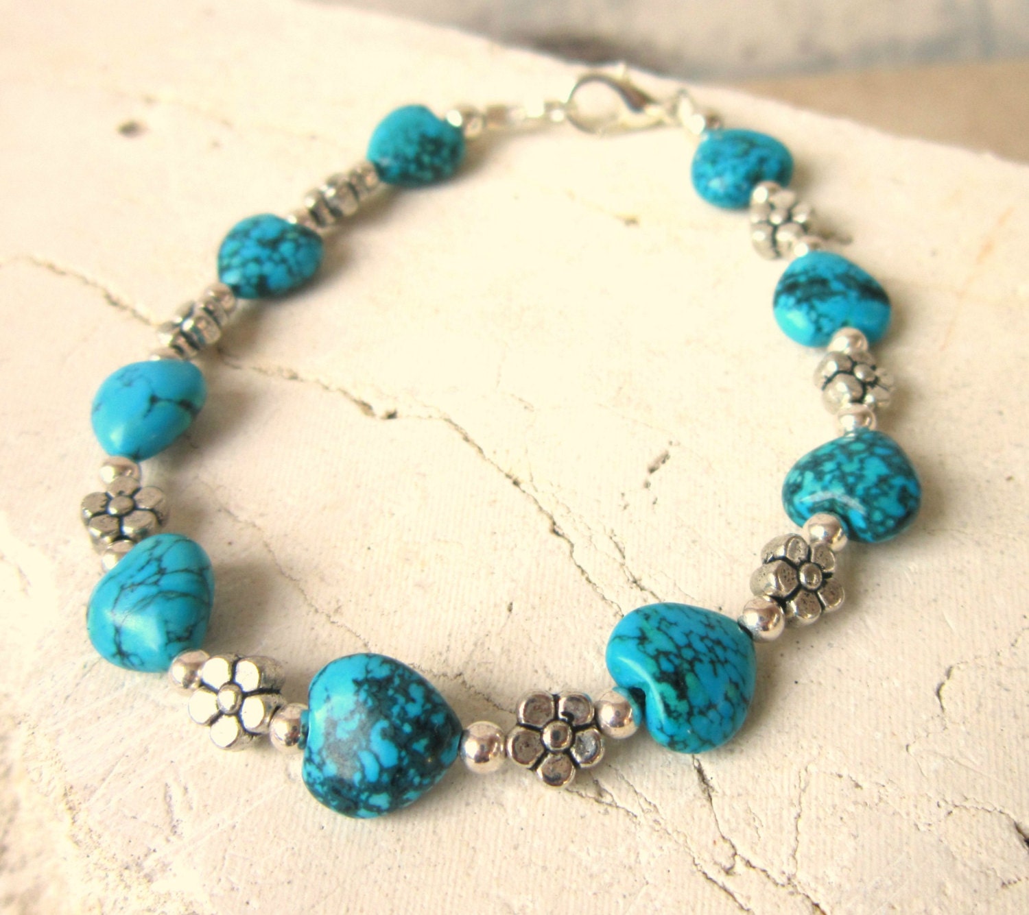 Genuine Turquoise Bracelet. Turquoise Heart Bracelet.