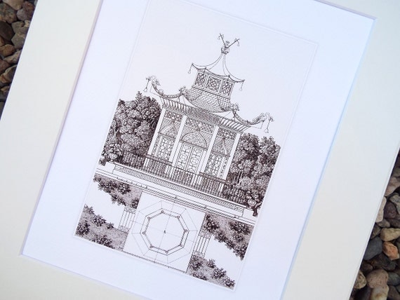 Sepia Pagoda Blueprint 1 Garden Architectural Plan Archival Print
