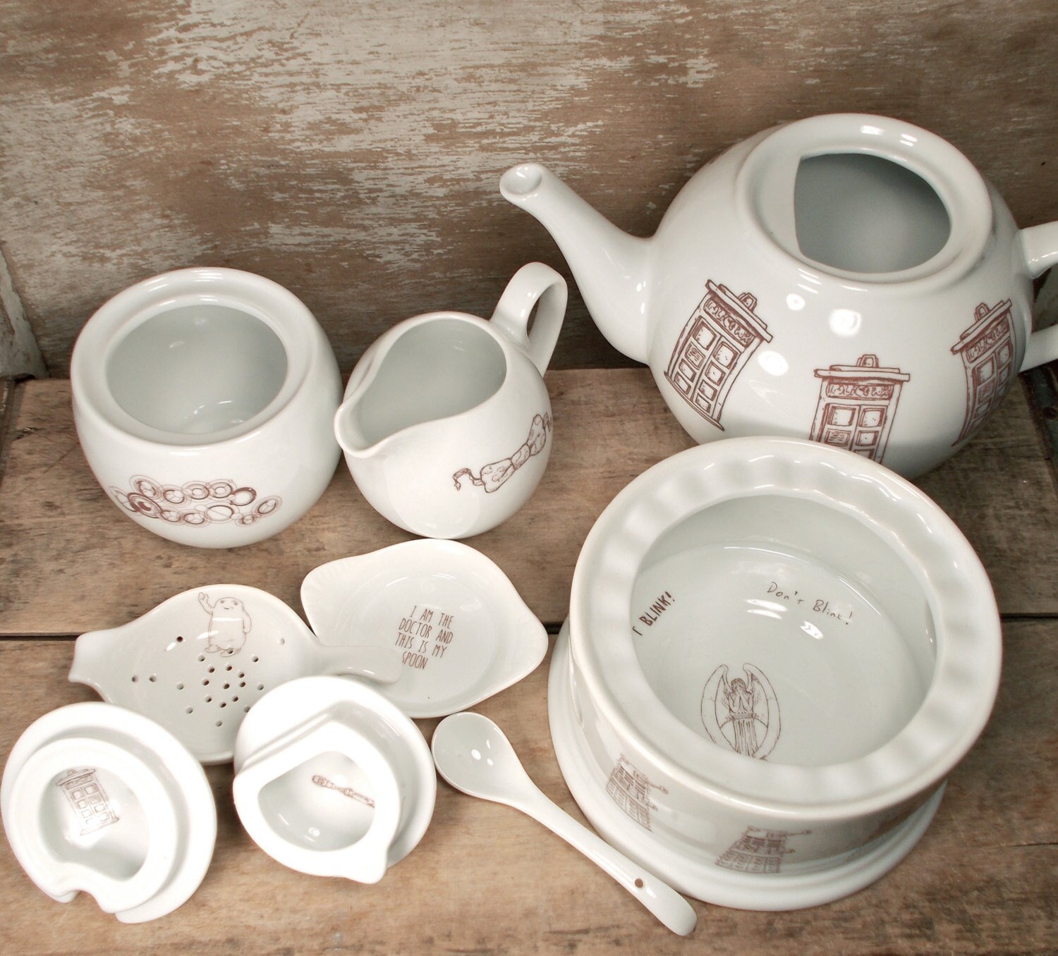Doctor Who Tea Set with Teapot Creamer and by SecondChanceCeramics