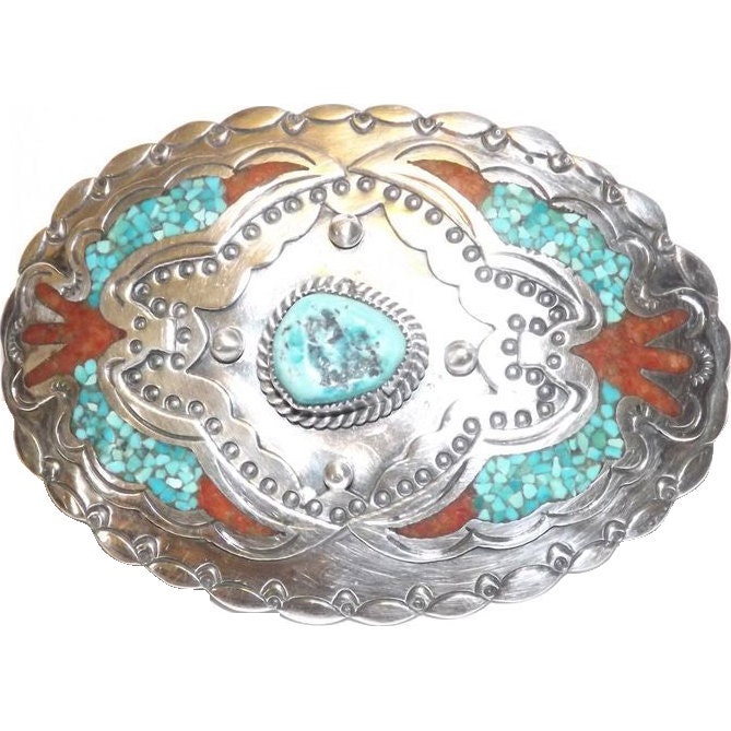 Signed Navajo Sterling Silver Coral & Turquoise Inlay Belt Buckle