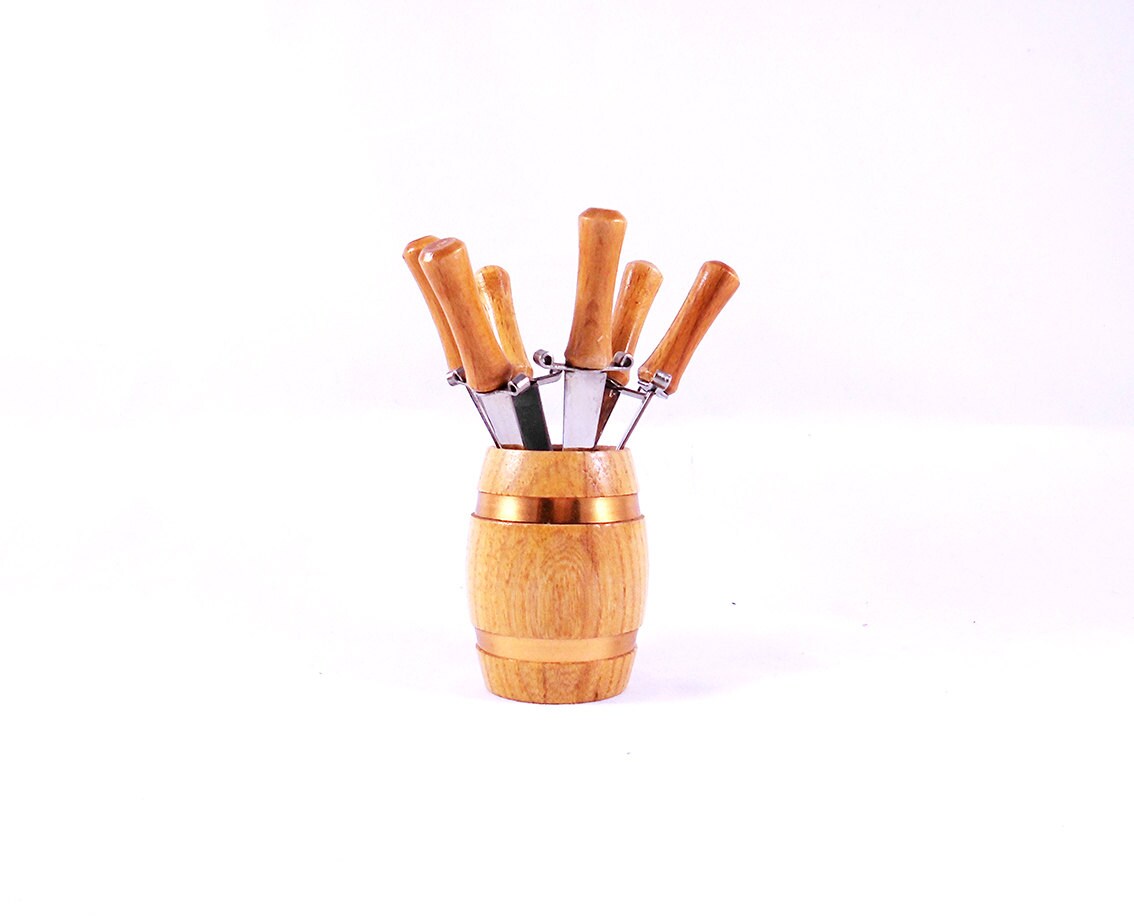 Vintage Mid Century Modern Wooden Barrel Cocktail Fork Holder and 6 ...