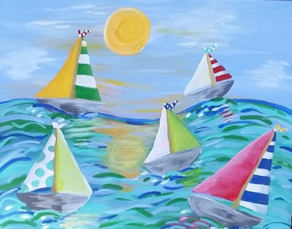 sailboat art whimsical beachy sea ocean wave