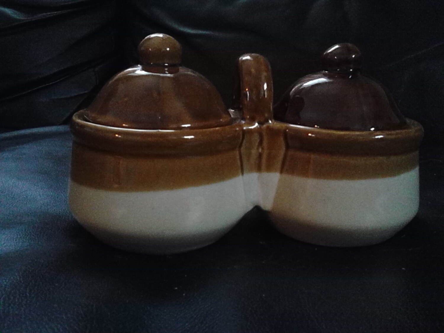 Vintage 40s Glazed Ceramic Double Condiment Server with Carry Handle ...