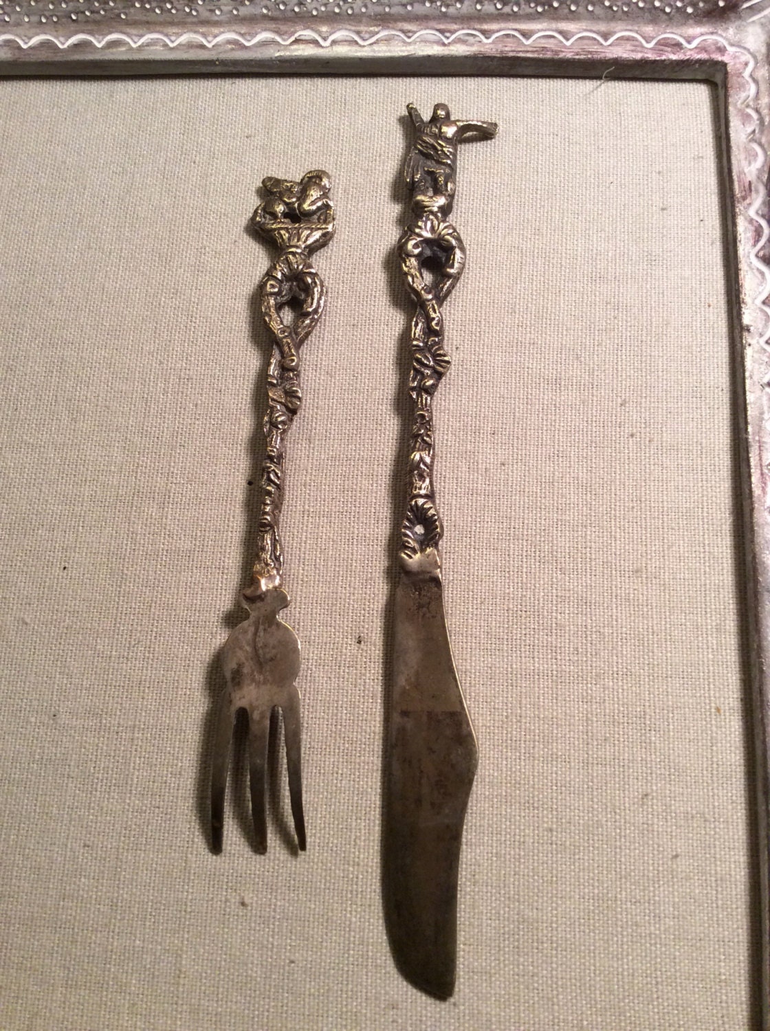 Vintage Cheese Fork and Knife Silver Plate Knight and Lions Head Ornate ...