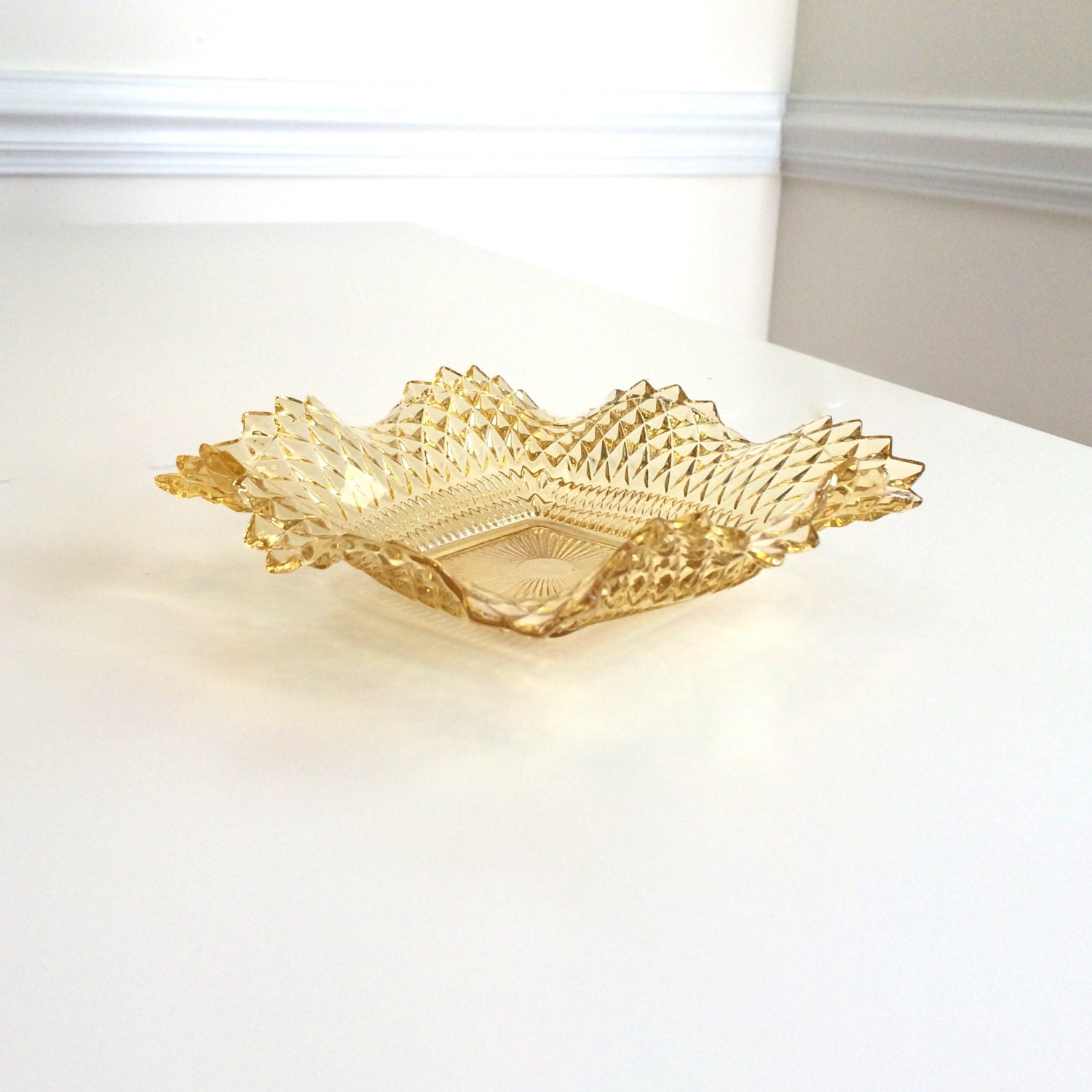 Vintage Glass Square Dish Yellow Amber Diamond Pattern Cut Glass ...