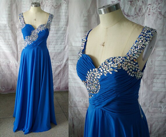 Gorgeous Royal Blue Chiffon Beads Crystals Flowing Skirt Full