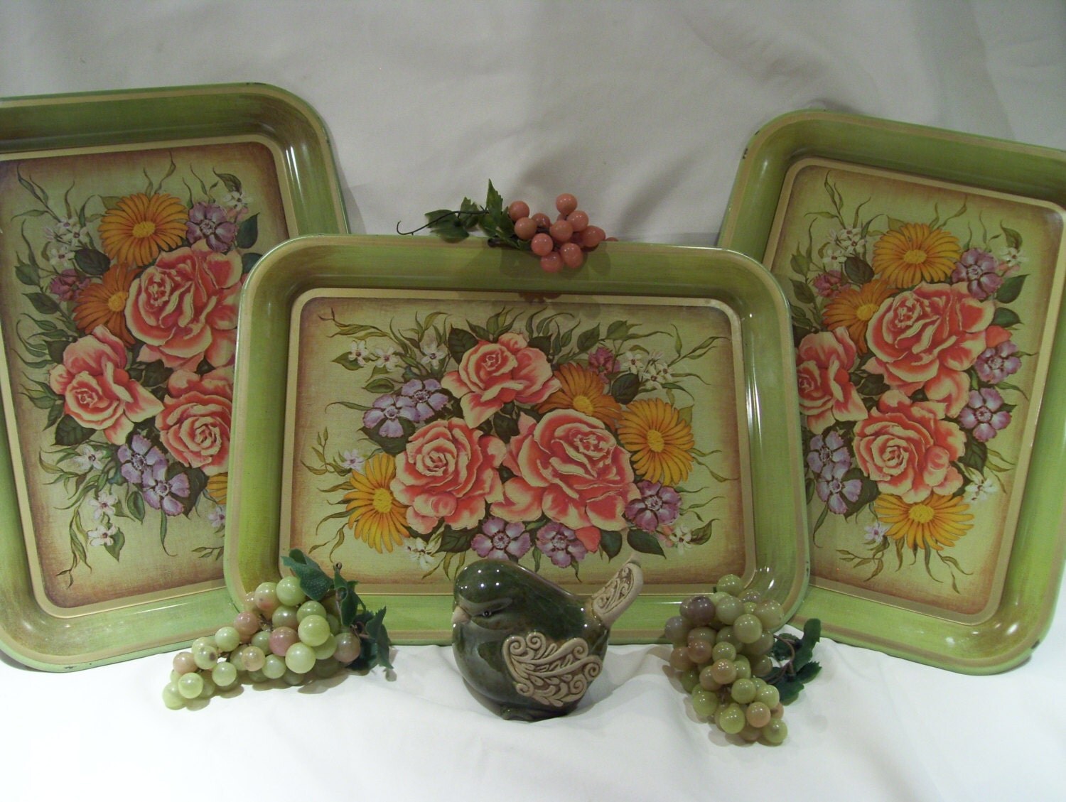Green Floral Tole Metal Serving Tray Table Metalware Tin – Haute Juice