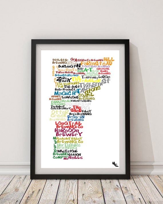 Vermont Breweries Typography Map Custom Wall Poster Digital