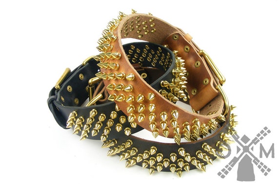 Elite Fully Spiked Leather Collar With Brass By Oldmillstore