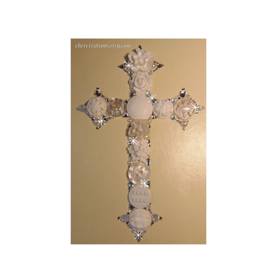 WHITE CROSS 5X7 Button Art Button Artwork ooak by CherCreations