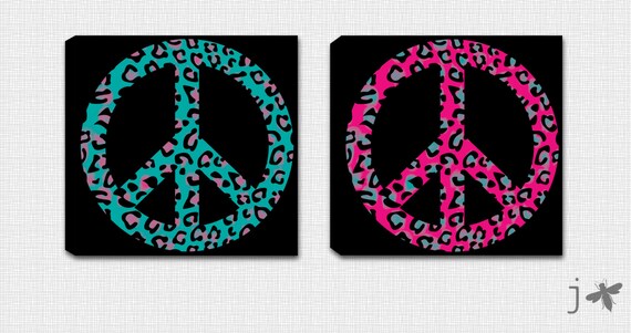 Set of 2 Bold Leopard Print Peace Sign Mounted Canvas Wall