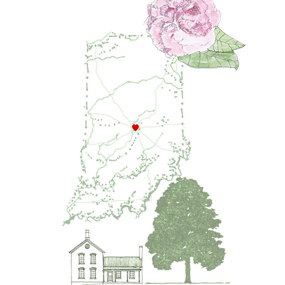 INDIANA State MAP 8x10 Art Print State Tree State Flower