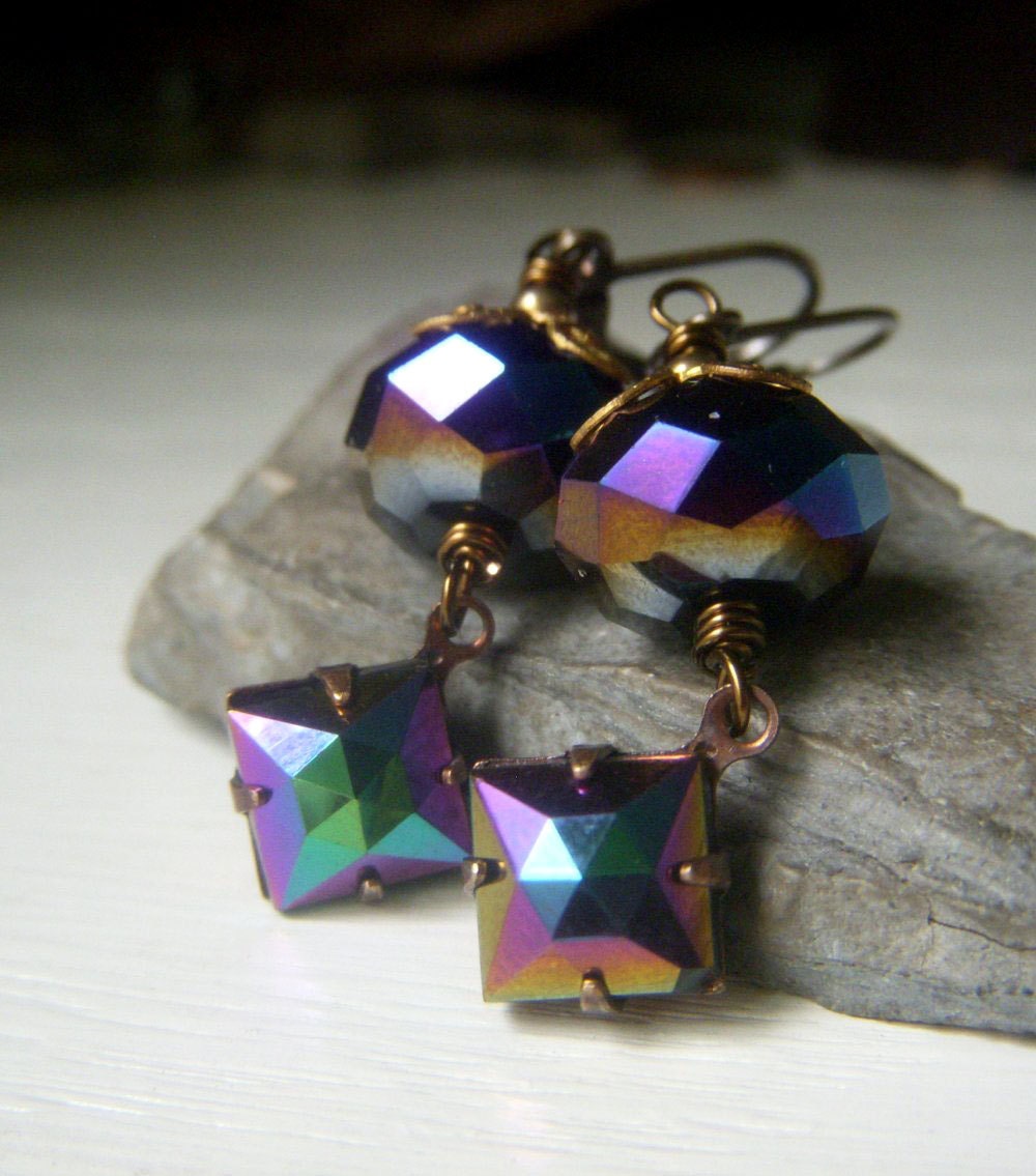 Carnival Glass Earrings Multi Color Rainbow Earrings By Beadstylin