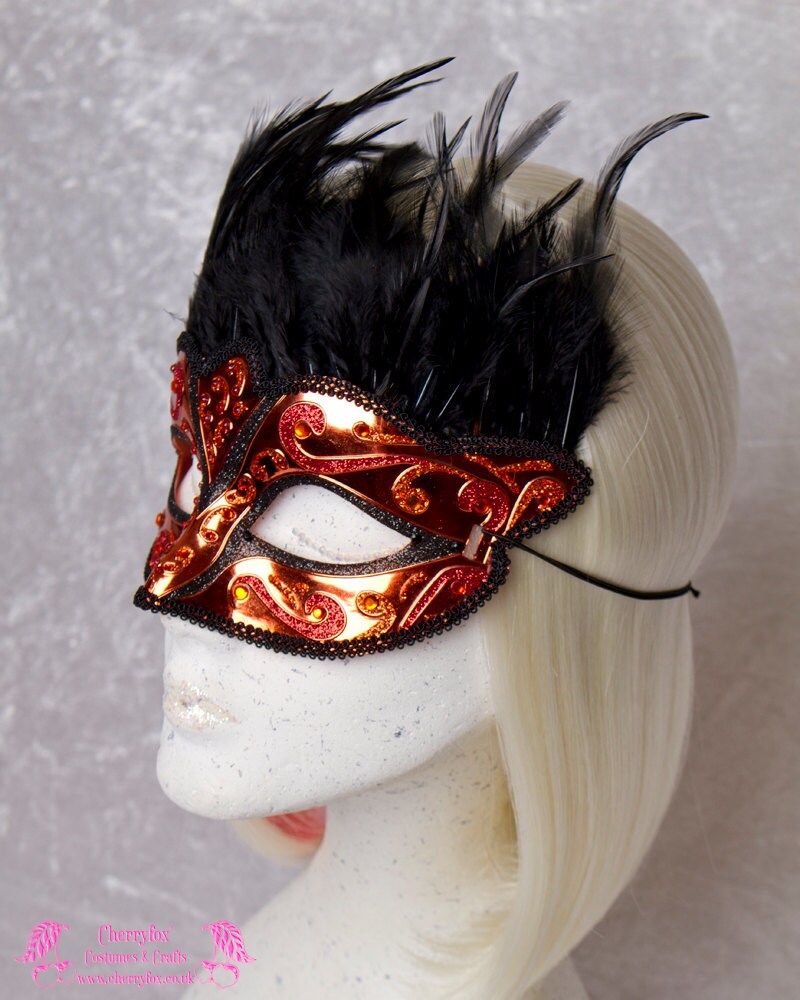 Venetian Mask 'Red Fox' Black Masquerade Feather