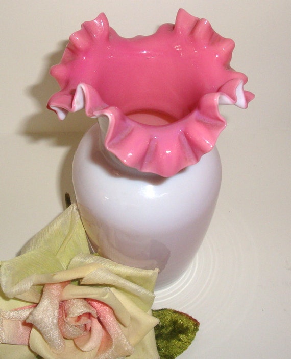 Vintage Fenton Vase 50s Pink Milkglass Ruffle Top Art