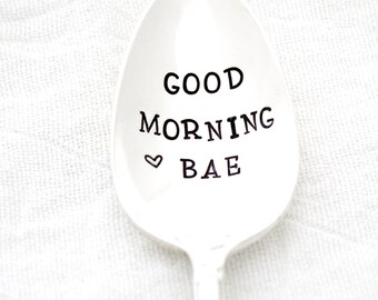 Good Morning Bae. Hand stamped coffee spoon for unique gift idea.