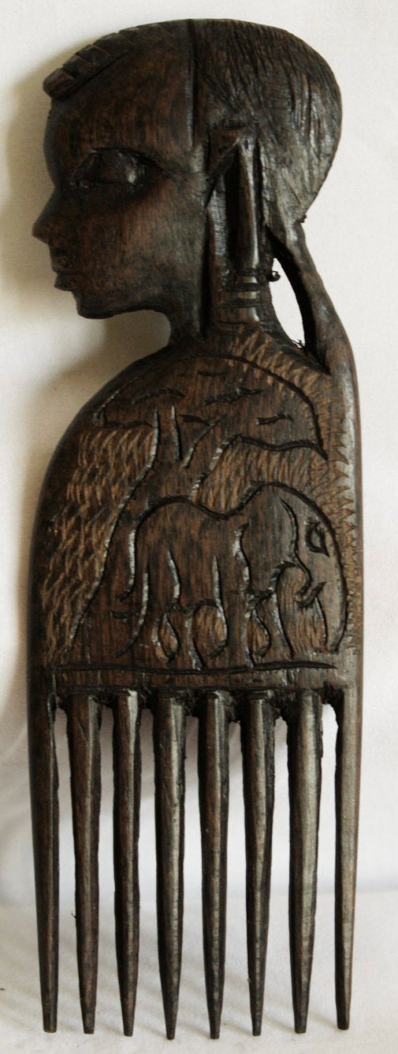 Vintage South African Hair Comb/Pick Hand-Carved Wood by Dantage