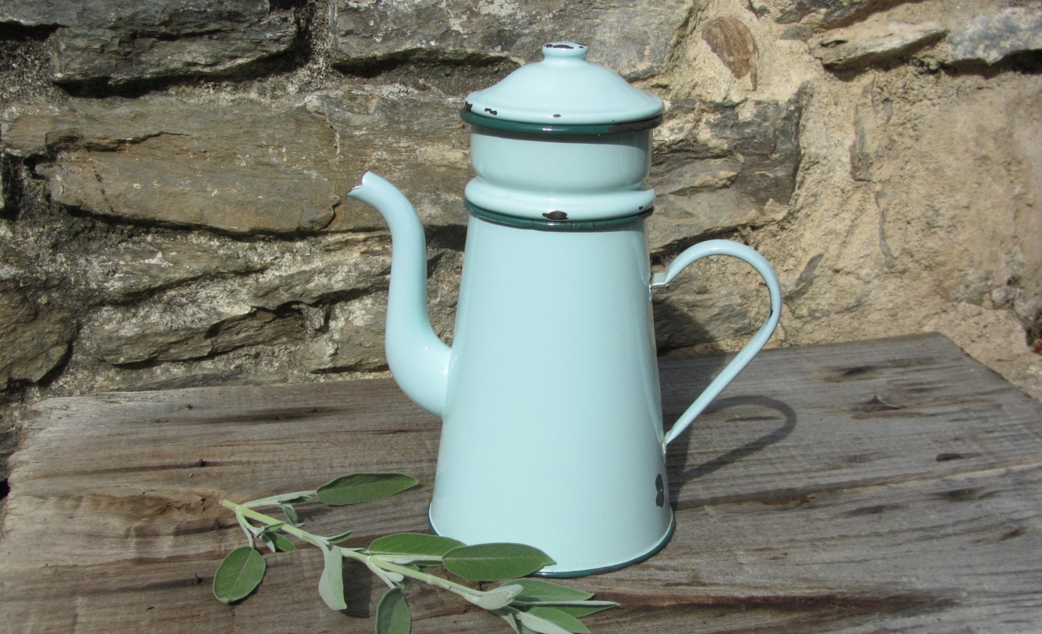 French vintage enamel coffee pot, large enamel cafetiere. aqua / mint ...
