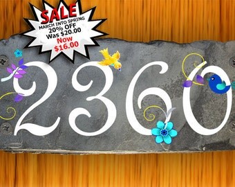 Whimsical slate house number sign with birds, flowers and swirls.