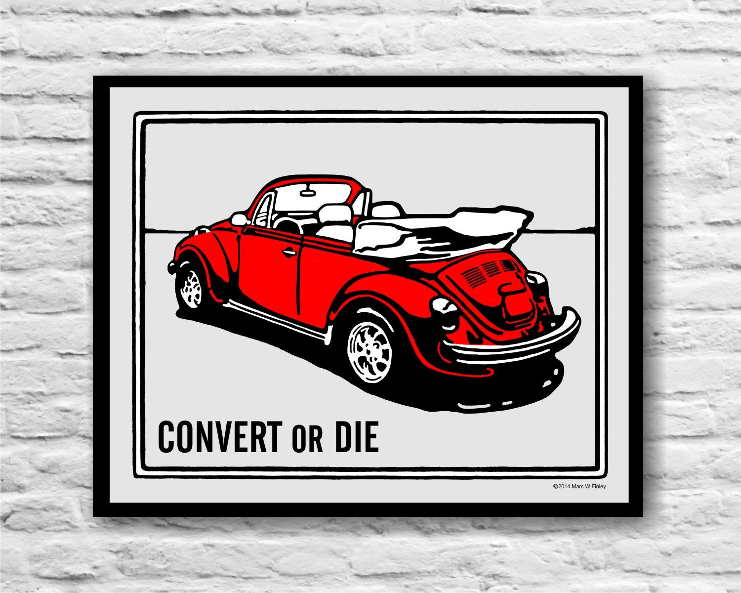 VW Volkswagen Vintage Beetle Poster Print in Red on Gray