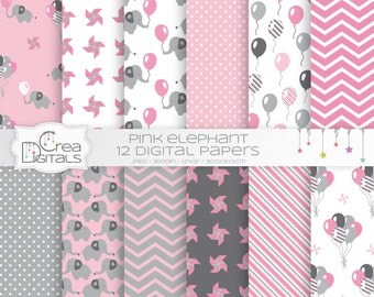 Pink and Navy Elephant Digital Paper Pack Paisley boho floral