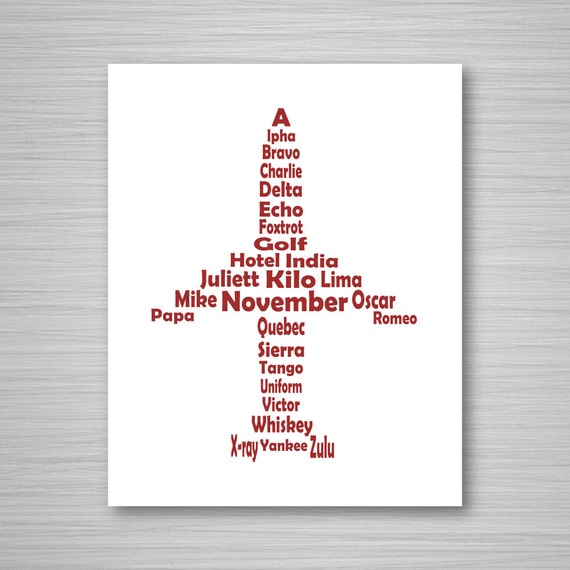 Phonetic Alphabet Airplane Printable Art in Red Digital