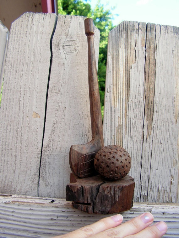 Carved Wooden Golf Club Ball Wood Carving Sculpture Golf Lover