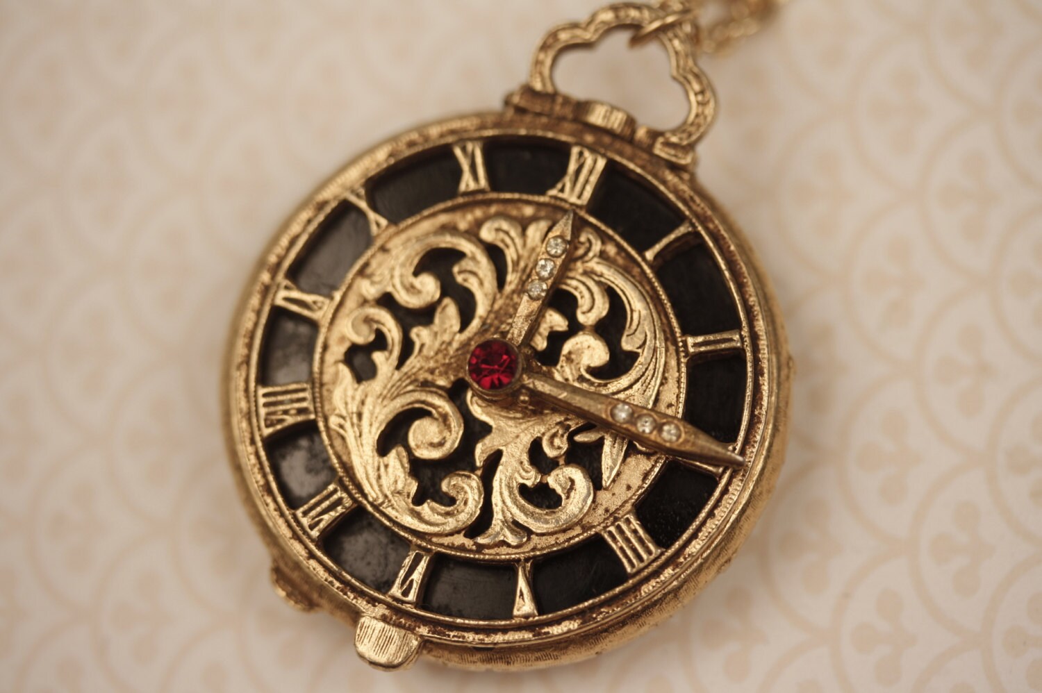 Antique Watch Locket Necklace Red Stone Necklace Locket