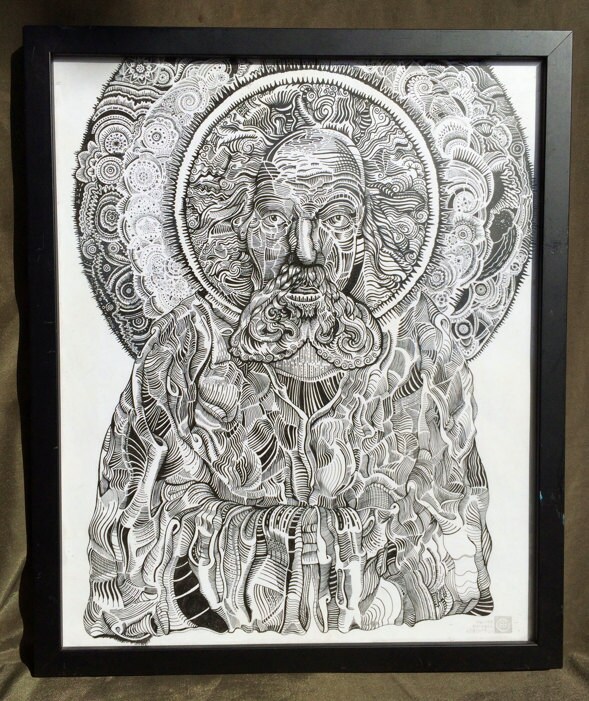 ORIGINAL Sun God Pen drawing of an iconic image