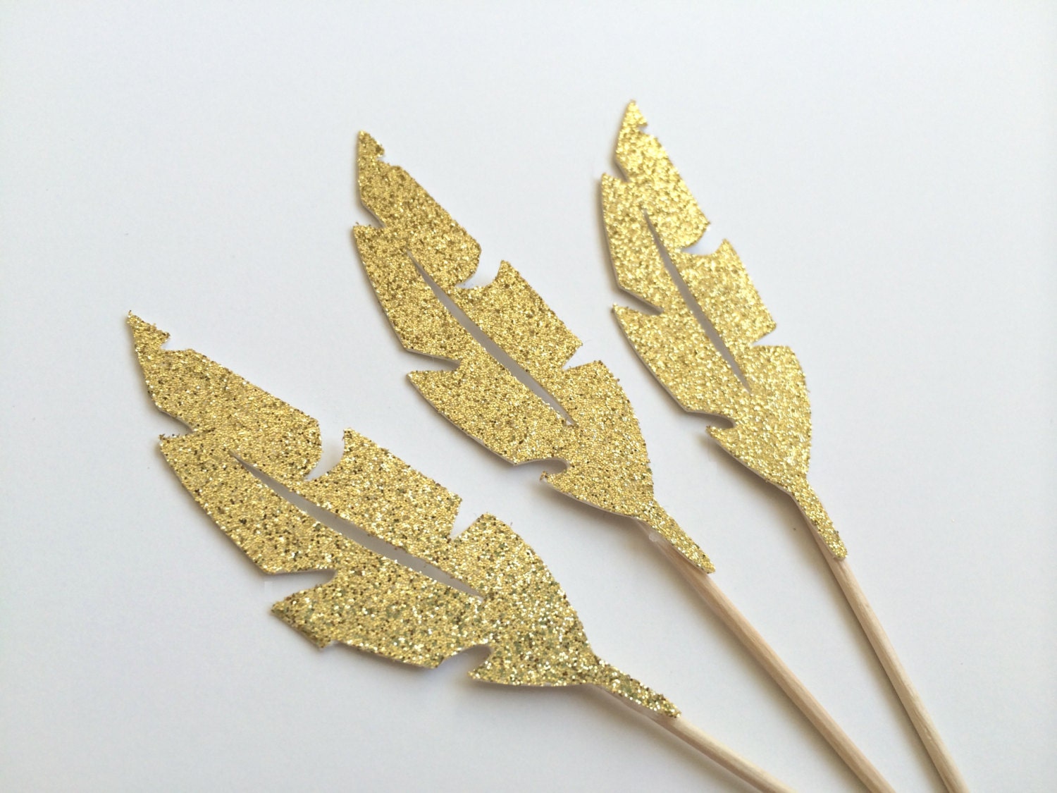 6 Gold Glitter Feather Cupcake Toppers. Birthday Cupcake