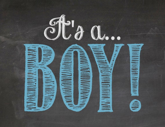 It's a boy gender announcement reveal blue chalkboard