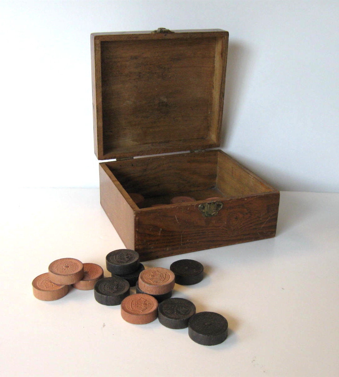 Antique Wood Box with antique checker game pieces, Home Decor, Toy ...