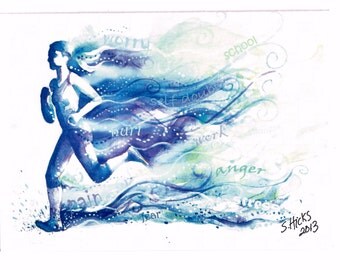 Runner inspirational watercolor painting art poster of woman