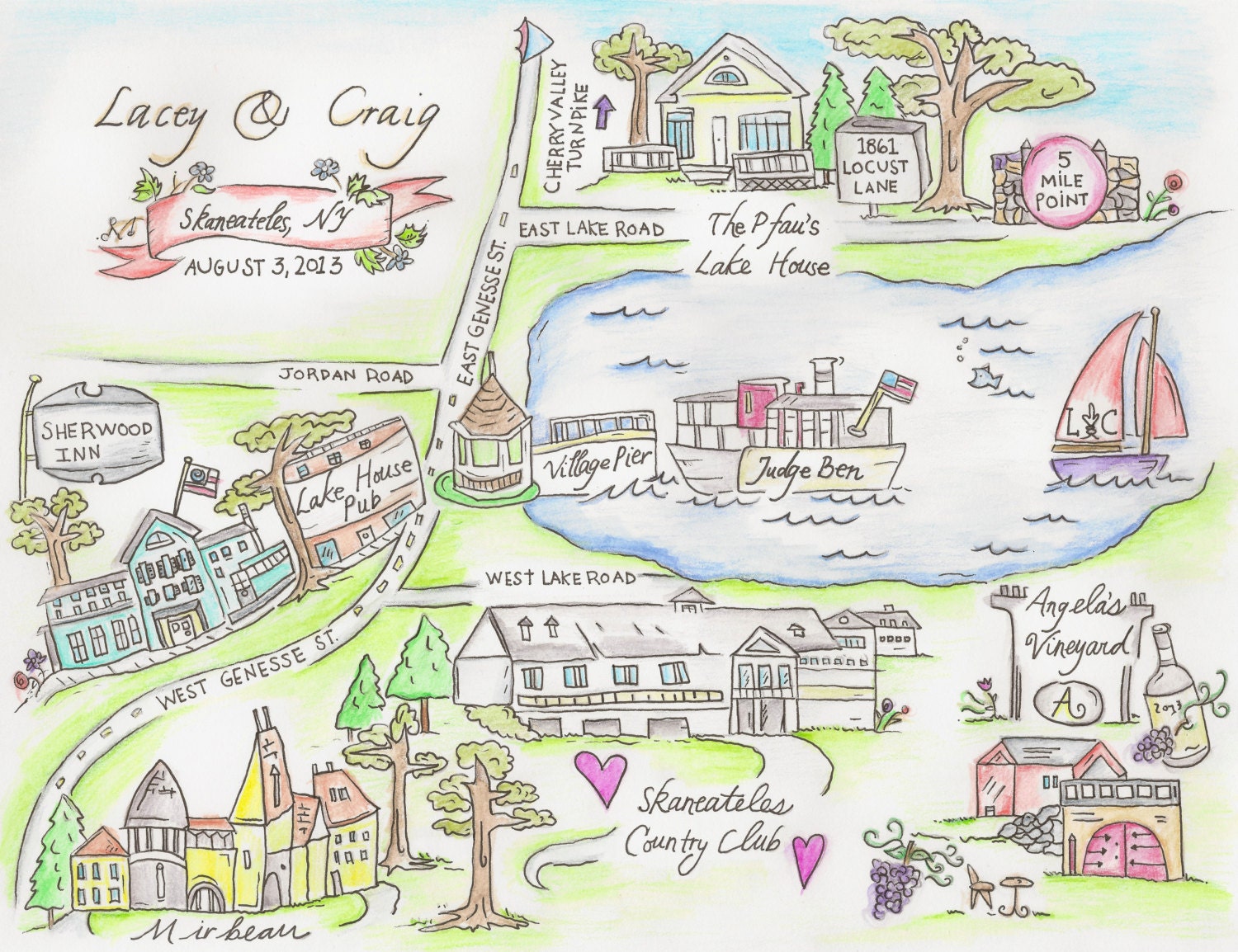 Medium Hand Drawn Wedding Map: Watercolors