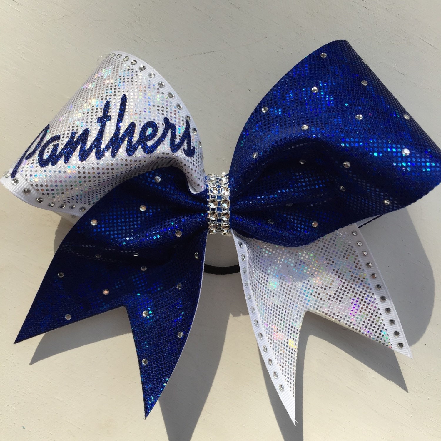 Panthers cheer bow in royal blue and white shattered glass