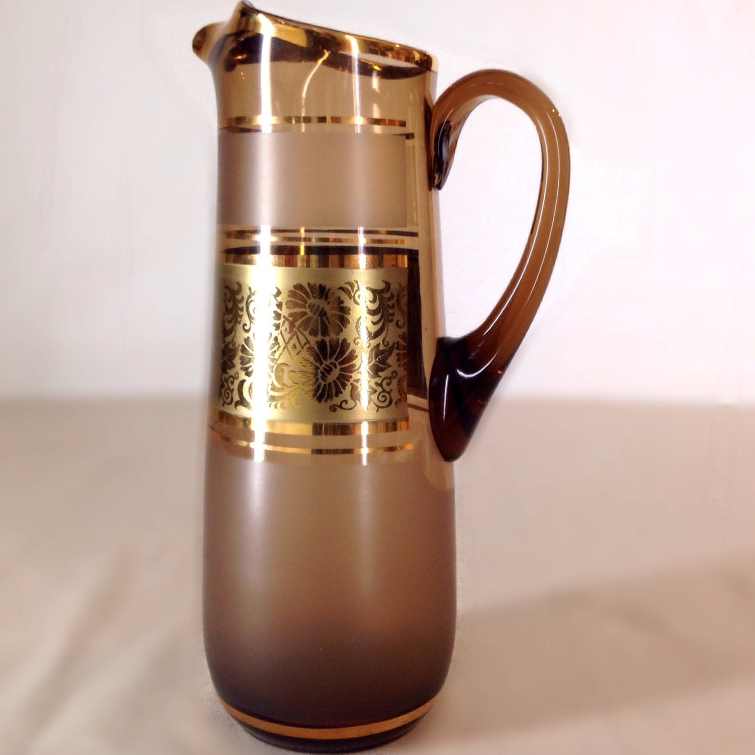 Vintage Amber And Gold Tall Glass Pitcher Vintage Bareware Martini ...