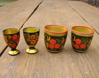 Set of 4 Vintage RUSSIAN KHOKHLOMA Hand Painted Wooden glass pitcher ...