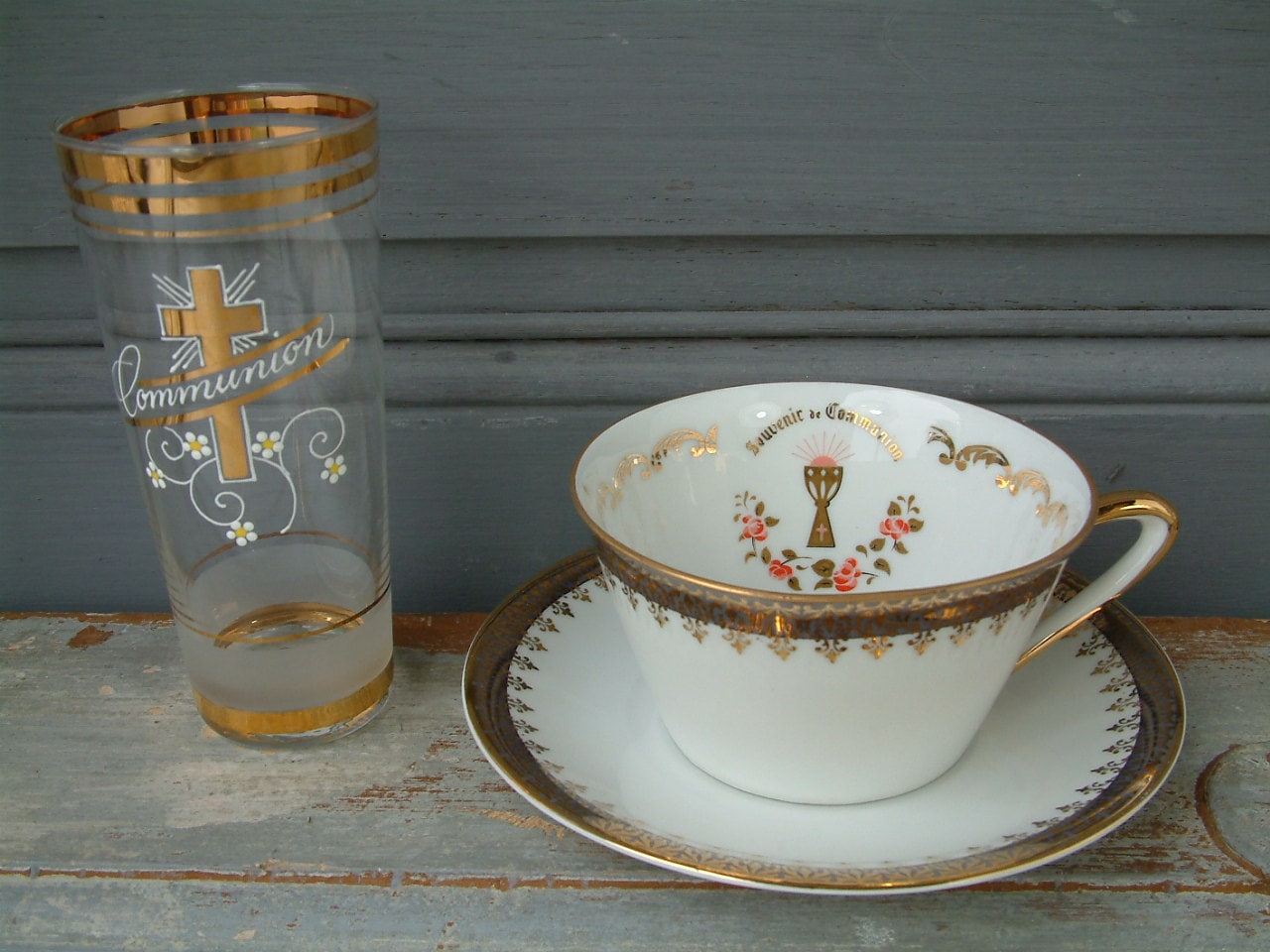 French vintage FIRST COMMUNION glass and porcelain cup. Communion gift ...