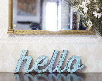 Black and Teal Crackled Wood Hello Sign Wood Wall Decor Wood Hello Sign ...