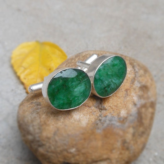 Emerald cufflinks green gemstone cufflinks by FineSilverStudio