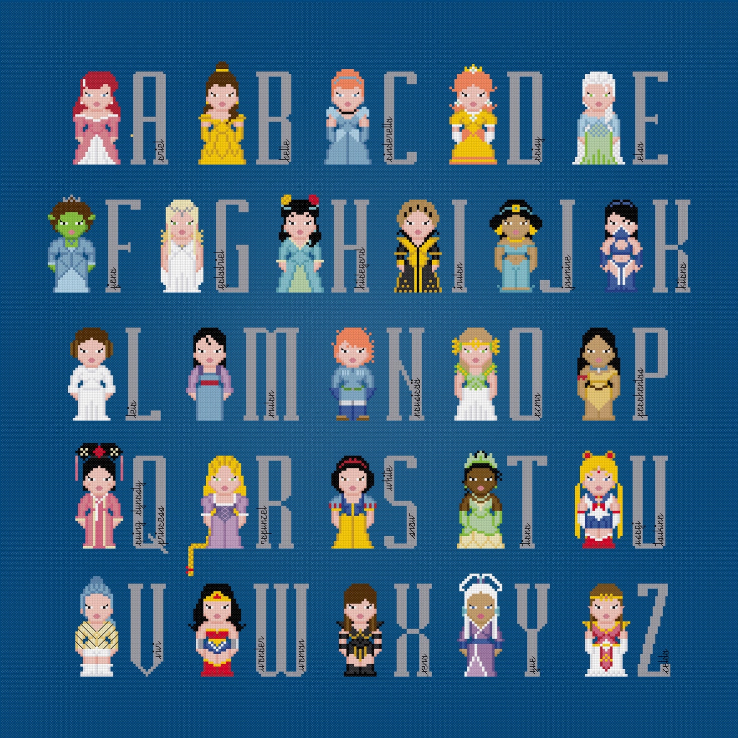 Princess Alphabet Digital PDF Cross Stitch Pattern