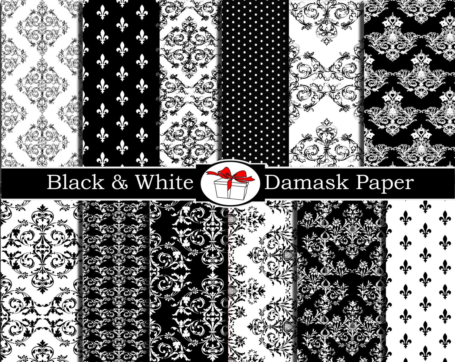 Damask digital paper Damask black and white fabric print