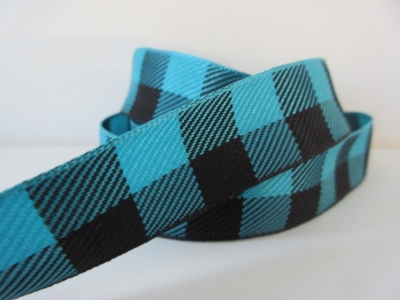Blue Plaid Ribbon Woven Blue and Black Plaid Ribbon 7/8