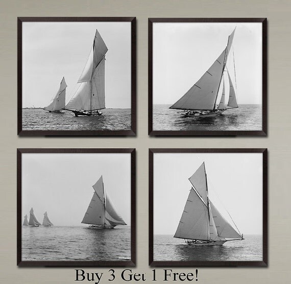 4 Set Vintage Sailboats Art Prints classic Sloop Yachts in