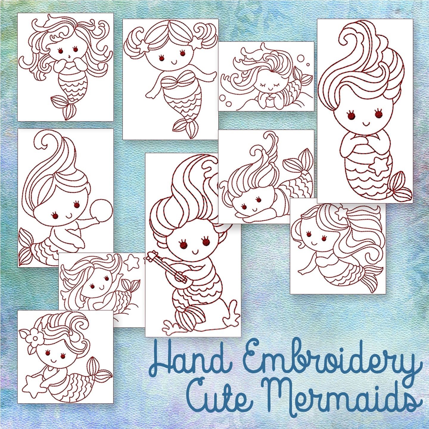 SALE Hand Embroidery Patterns Redwork Designs Cute Mermaids in