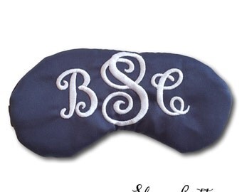 Monogrammed Sleep Mask Handmade Custom Personalized Navy Blue and White
