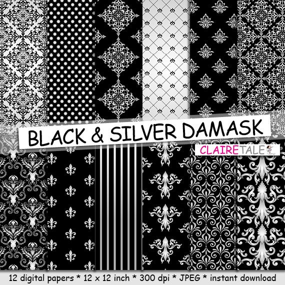 Damask digital paper: BLACK & SILVER DAMASK with by ClaireTALE