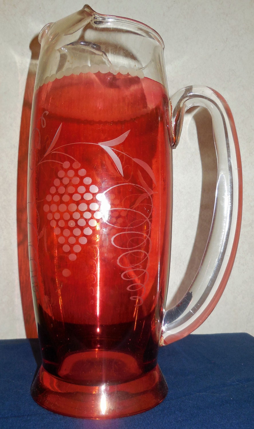 Antique Ruby Red Etched Glass Pitcher by FiveDogNight on Etsy